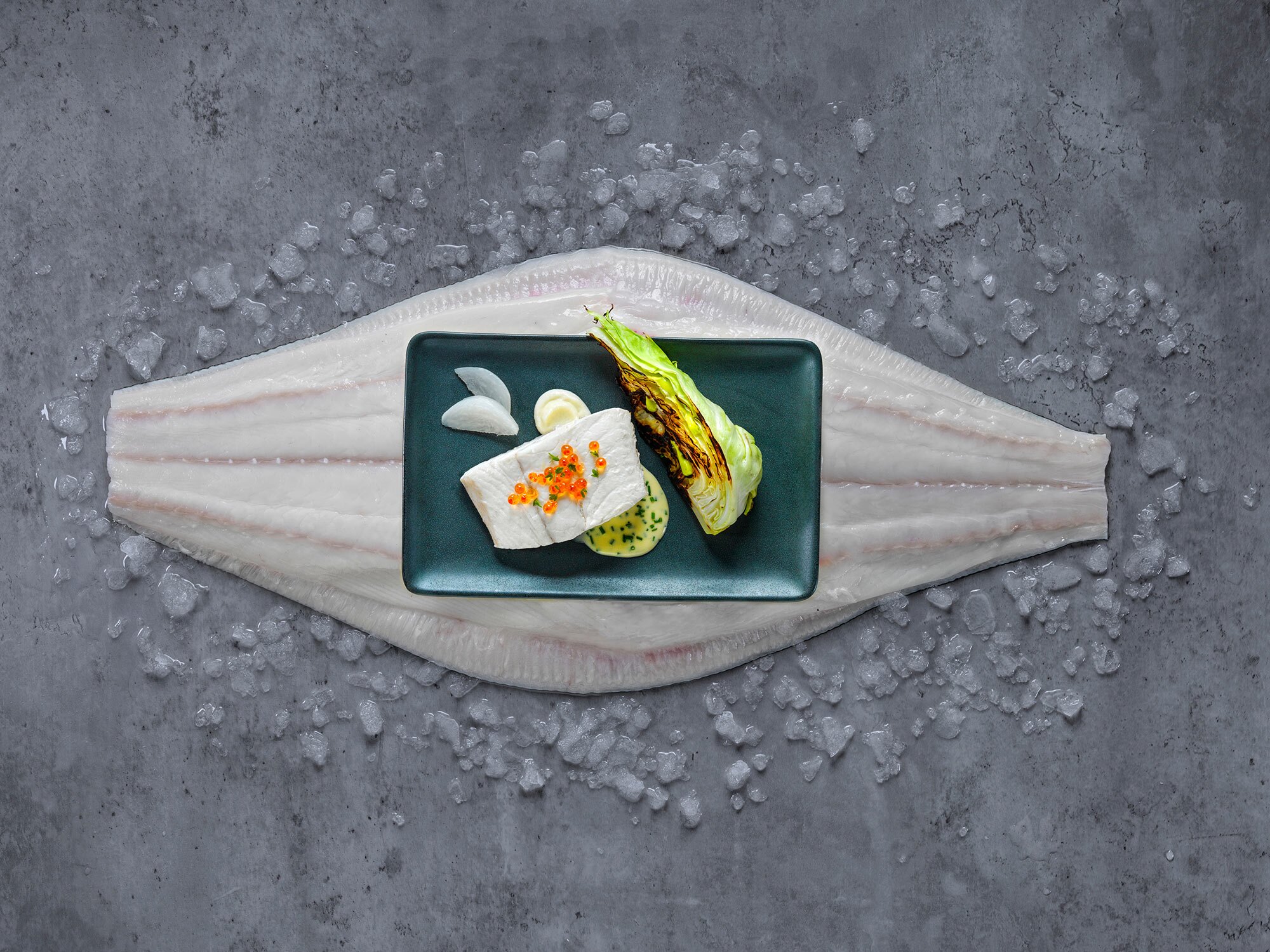 Steamed Norwegian Halibut served with grilled spring cabbage, creamy ...