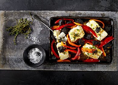 Roasted Norwegian cod black pudding tray bake | Seafood from Norway