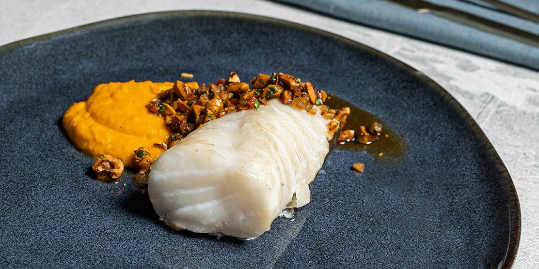 Norwegian skrei with carrot puree, hazelnuts and bacon | Seafood from ...